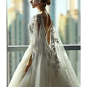 Wedding Cape Veils for Brides Tulle Ivory Cathedral Length Floral Appliques with Pin