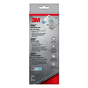 3M Aura Particulate Respirator 9205+ N95, Lightweight, 3 Panel Designed Helps Provide Comfortable and Convenient Respiratory Protection, 3-Pack