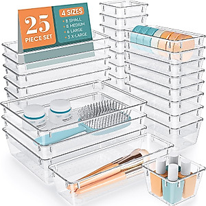 WOWBOX 25 PCS Clear Plastic Drawer Organizer Set, 4 Sizes Desk Drawer Divider Organizers and Storage Bins for Makeup, Jewelry, Gadgets for Kitchen, Bedroom, Office Bathroom, Office