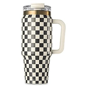 Thymes & Tables Tumbler with Handle, Dual Straw Lid, Stainless Steel Double Wall Insulated, Cream & Black, 32oz