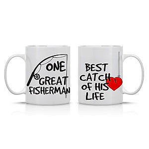 AW Fashions One Great Fisherman, Best Catch Of His Life Couples Mug - Funny Couple Mug - (2) 11OZ Coffee Mug - Funny Mug Gift Set - Mugs For Husband and Wife - Him And Her Gifts