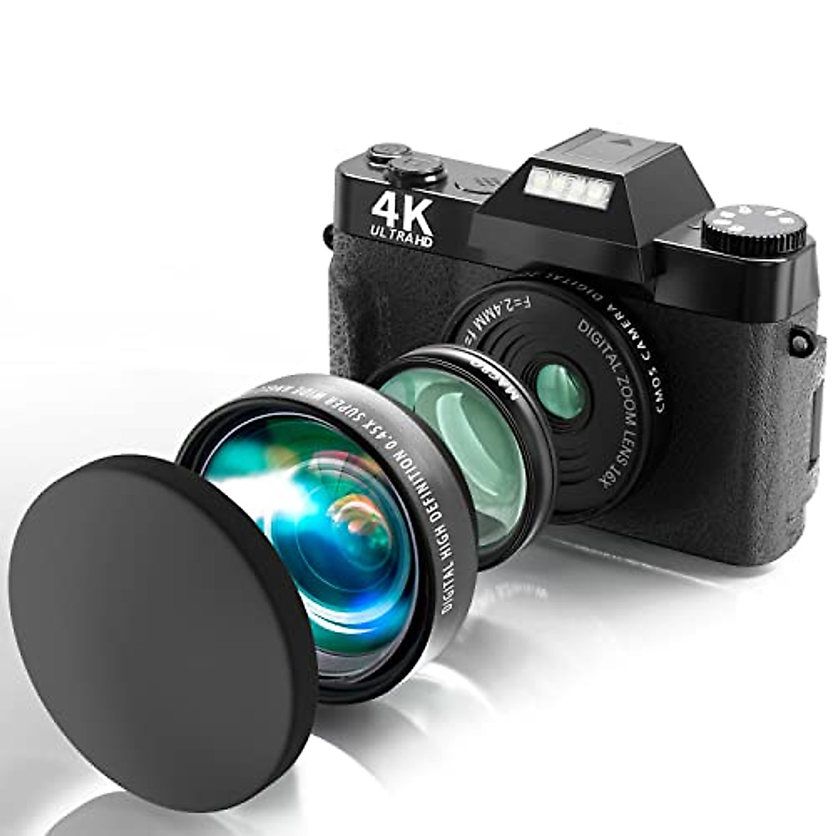 Acoletty 4K Digital Camera for YouTube, 48MP Vlogging Camera, 16X Digital Zoom, 3.0" IPS 30FPS 180° Flip Screen TopCam32 Zoom, 52mm Wide Angle Lens, Macro Lens, 2 Batteries and 32GB TF Card