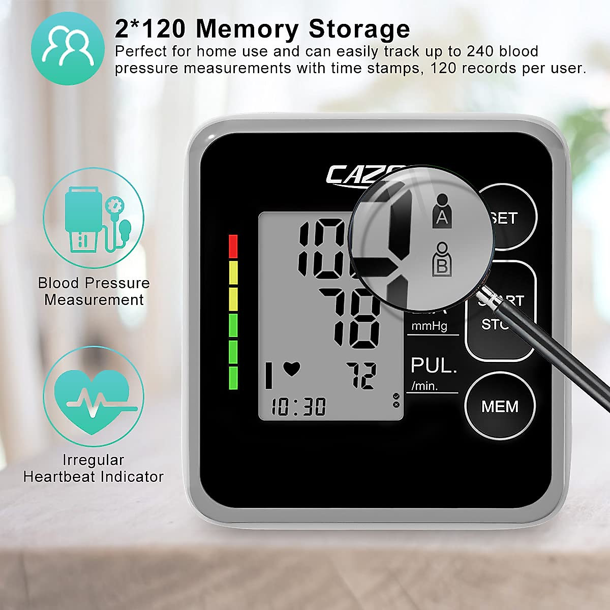 CAZON Blood Pressure Monitor Cuff Upper Arm Automatic BP Machine Digital Home Blood Pressure Monitoring Meter 2x100 Memory Hypertension Detector