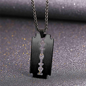U7 Punk Jewelry Edgy Necklace with Black Wheat Rope Chain Ion Plating Black Men Razor Blade Pendant