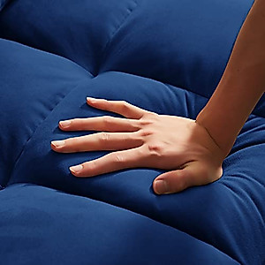 HABITRIO Loveseat with Pull-Out Sleeper Bed, Solid Wood Frame Blue Velvet Upholstered 55" 2-Seater Sofa Couch w/3-Position Reclining Backrest, 2 Side Pockets, 2 Pillows, Furniture for Living Room