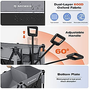 Raynesys Collapsible Wagons Heavy Duty Folding Beach Carts with Big All-Terrain Wheels, Utility Lounge Wagon Garden Cart with 200L Capacity for Outdoor, Sports, Shopping, Camping, Black