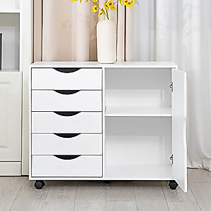 QDSSDECO 5-Drawer Chest with 1 Door, Wooden Storage Chest of Drawers, Mobile Dresser Cabinet with Wheels, Printer Stand for Home Office Bedroom