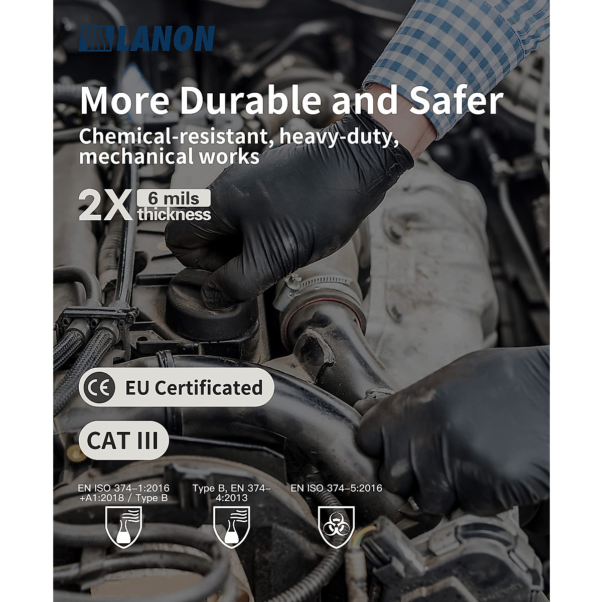 LANON 6 mil Black Nitrile Disposable Gloves, EN ISO 374 Chemical Resistant, Heavy-Duty, Mechanic, Textured Fingertips, Latex-Free, Large