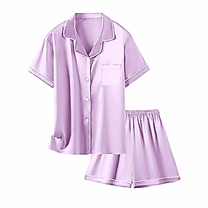 Silk Pjs for Women Set, Cute Silky Matching 2 Pcs Comfy Nightwear Button Down Sexy Soft Satin Summer Pj Short Set, D Lavender, X-Small