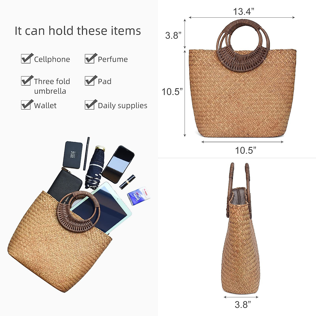 TICYACK Women's Top-handle Handbags, Handmade Straw Bag/Straw Purse for Womens for Daily Use, Beach, Travel