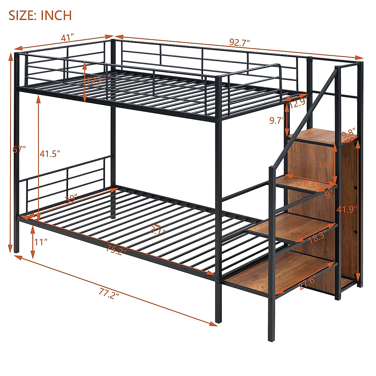URTR Metal Twin Over Twin Size Bunk Beds, Heavy-Duty Twin Bunk Bed with Stairs and Wardrobe for Boys Girls Teens Bedroom Dormitory, Black