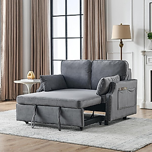 PATAVOT 3 in 1 Sleeper Sofa Couch, Velvet Upholstered Sleeper Sofa Bed with Side Storage Pockets, 2-Seater Pull Out Couch with 2 Pillows and Removeable Backrest for Living Room, Apartment, Grey.