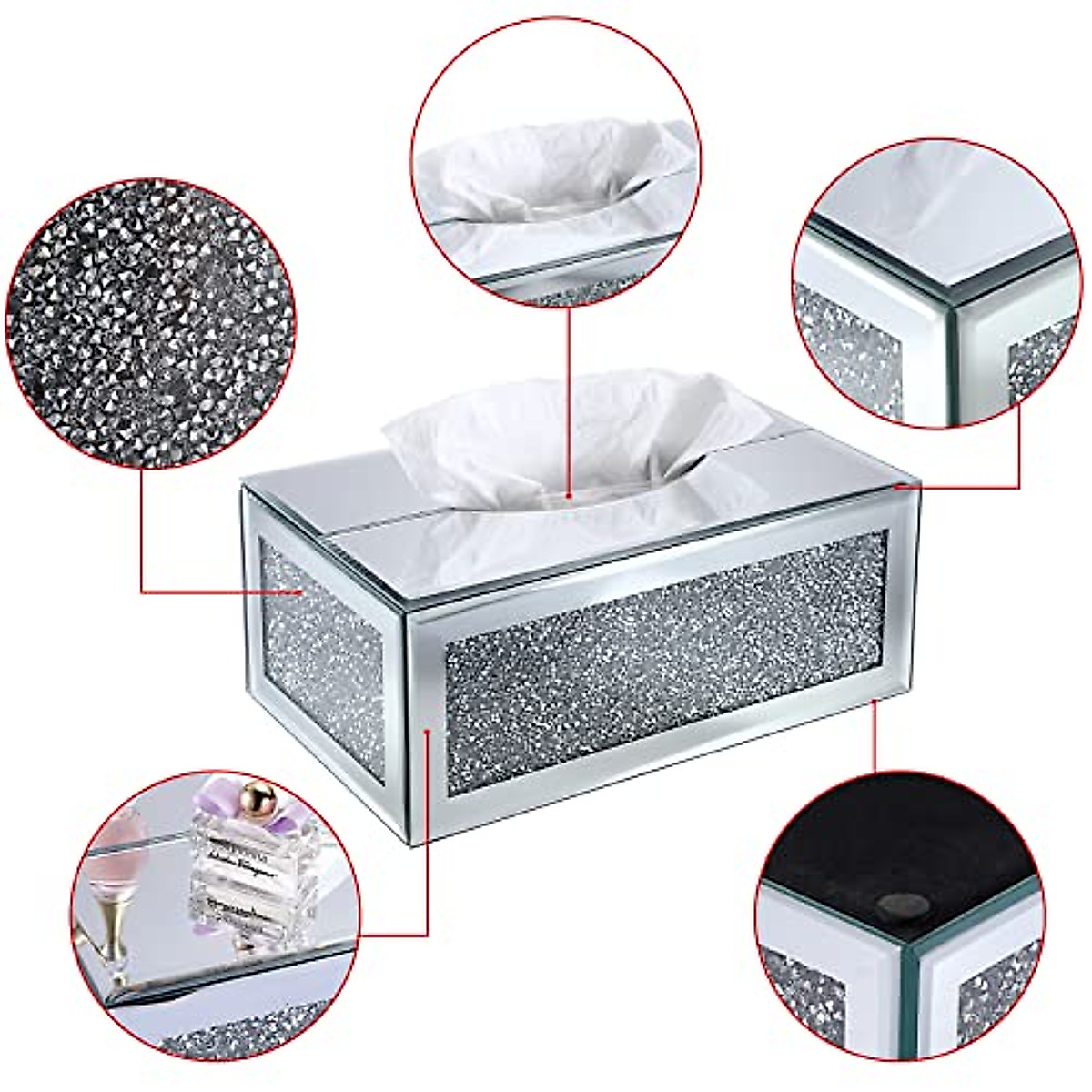 Sumnacon Crystal Tissue Box Cover - Decorative Glass Tissue Box Holder, Sparkling Facial Tissue Holder for Bathroom Living Room Dresser Night Stand Desk Table Office Home Decor, (10.2 x 6.3 Inch/Rectangular, Silver)