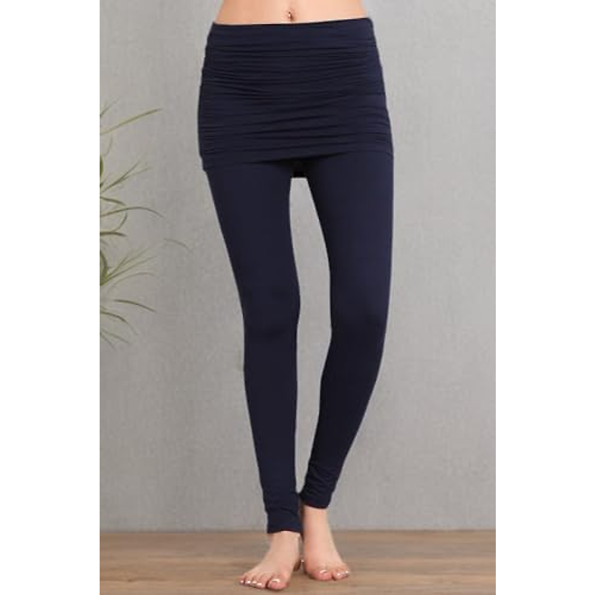 HEYHUN Womens Athleisure Ultra Soft Knit Foldover Ruched Skirted Yoga Leggings - Navy - XL