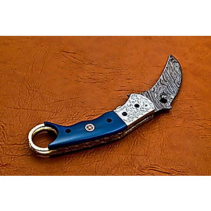 8.5" Handmade Damascus Folding Pocket Knife Karambit Knife Hunting Knife Handle Camel Bone Handmade Damascus Steel with Leather Sheath B50