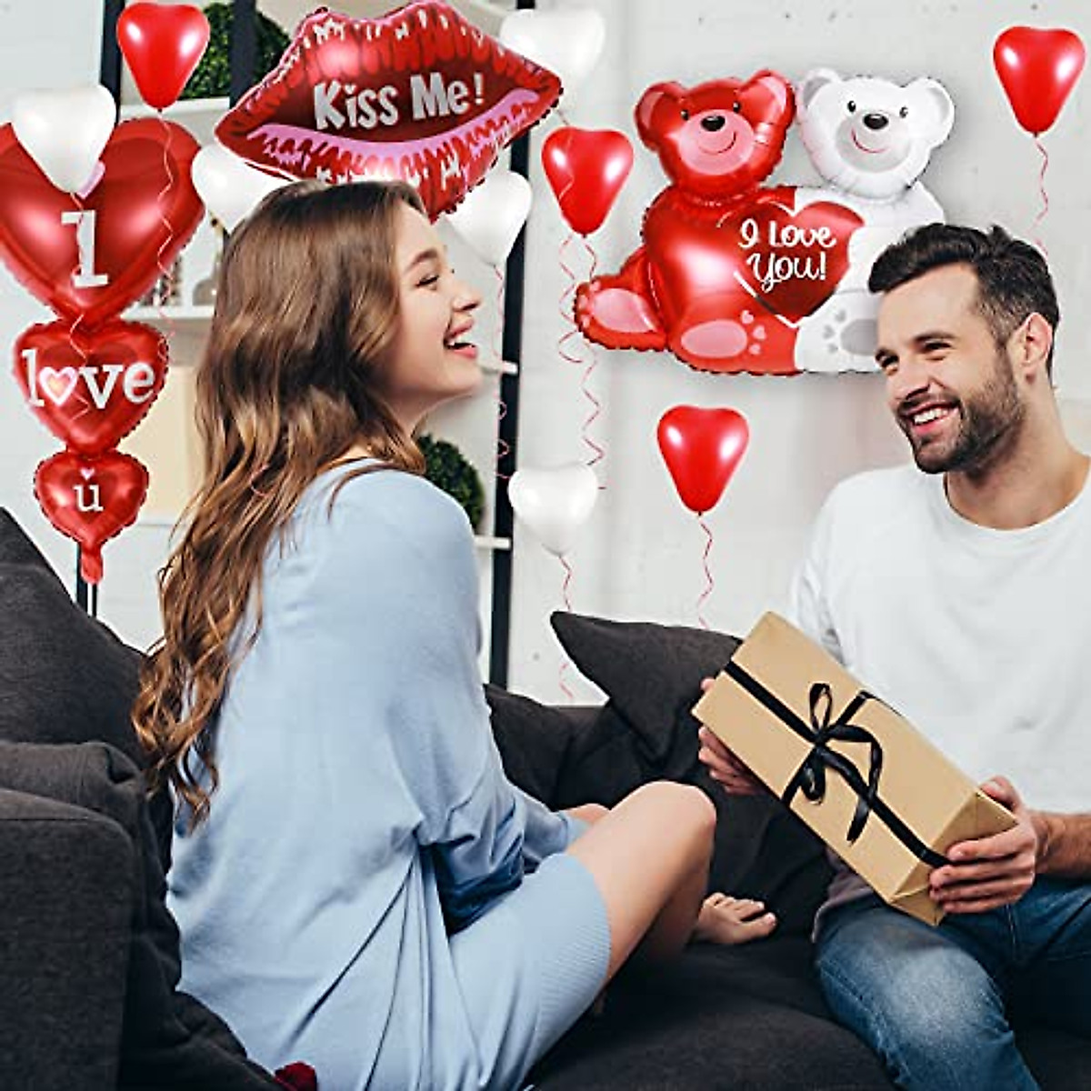 Civaner 25 Pcs Red Heart Balloons I Love You Valentines Day 2000 Rose Petals 40 Inch Bear Balloon and White Shaped Lip for Wedding Party Decoration, White,transparent,red