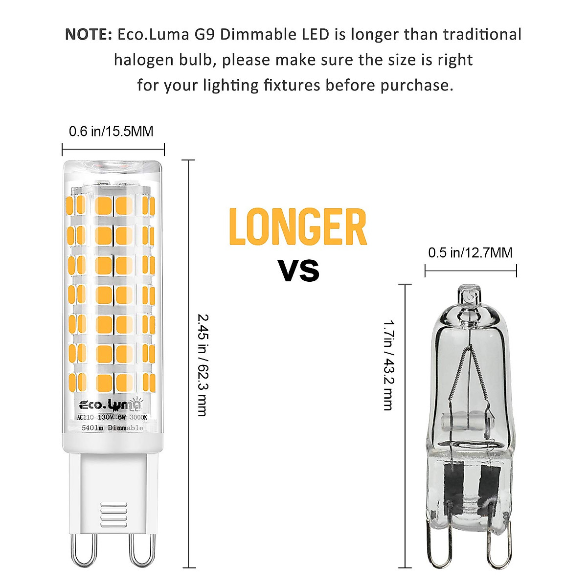Eco.Luma G9 LED Bulb Dimmable, Warm White, 6W Equivalent 40W, 50W, 60W Halogen, 3000K, 540LM Light, AC 120V CRI 82, G9 Base (Soft Warm White, 6PCs)