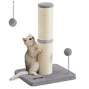 Feandrea Cat Scratching Post, 20.8-Inch Tall Cat Scratcher for Kittens, Small and Medium Cats, Sisal Scratch Pole, Spring Pompom with Built-in Bell, Dove Gray UPCA023G01