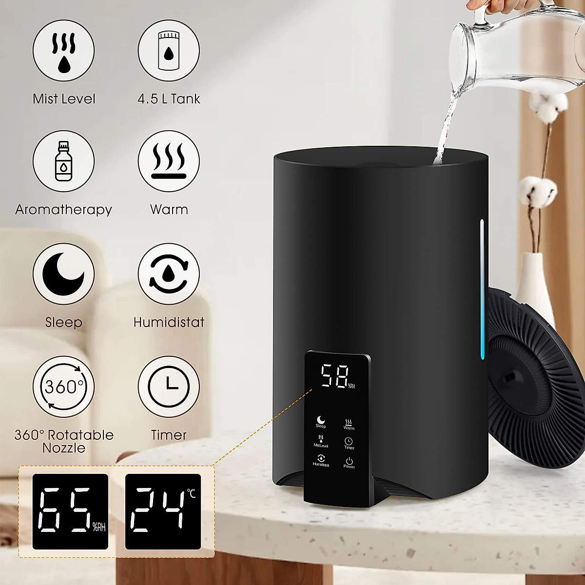 Cool and Warm Humidifiers for Bedroom Large Room, Top Fill 4.5L Quiet Smart Ultrasonic Humidifier for Babies Nursery, Plants & Whole House Built-in Humidity Sensor Essential Oil Diffuser 360°Nozzle