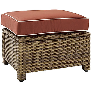 Crosley Furniture Bradenton Wicker Outdoor Ottoman Foot Rest for Patio, Deck, Porch, Brown with Sangria Cushions