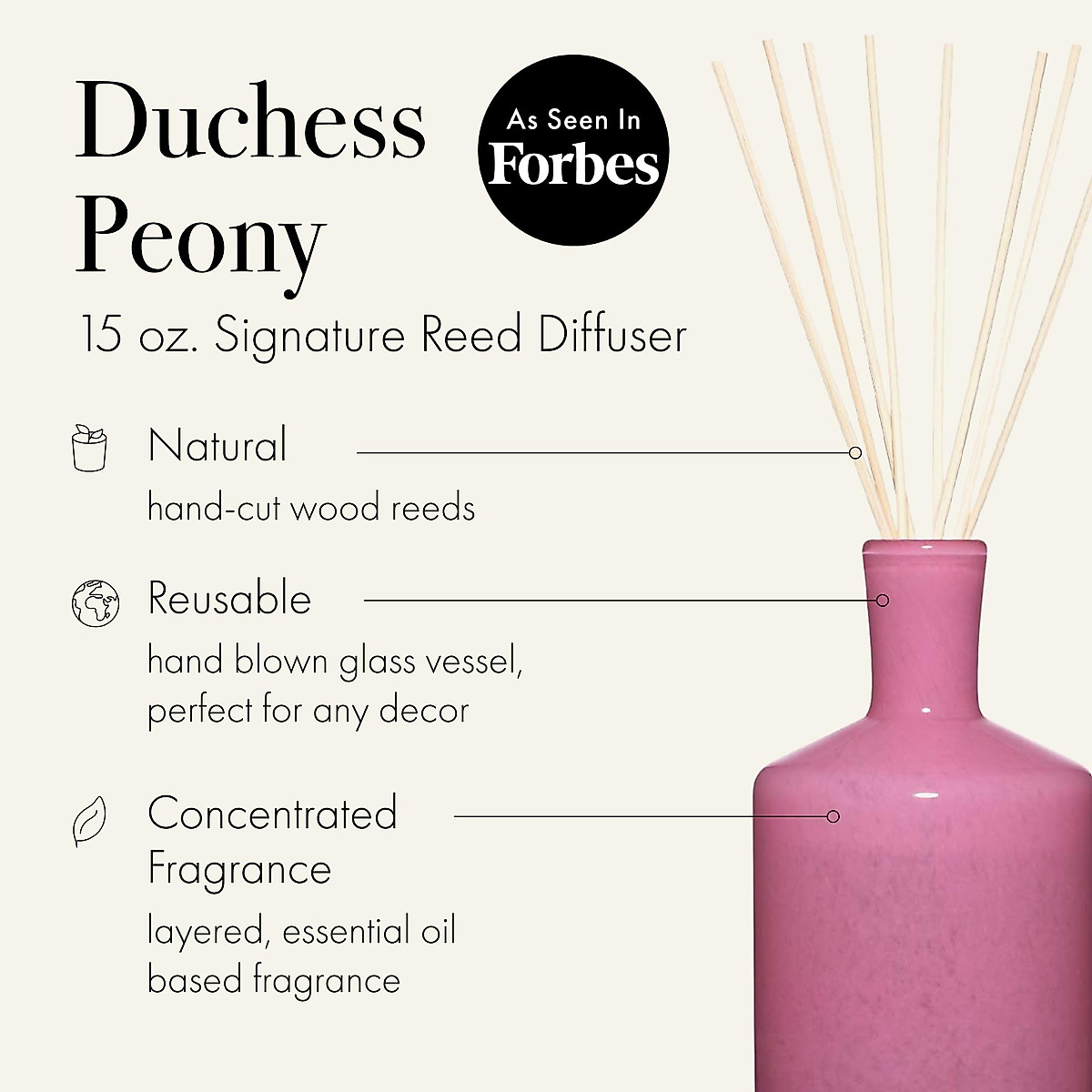 LAFCO New York Signature Reed Diffuser, Duchess Peony - 15 oz - Up to 9 Months Fragrance Life - Reusable, Hand Blown Glass Vessel - Natural Wood Reeds - Made in The USA