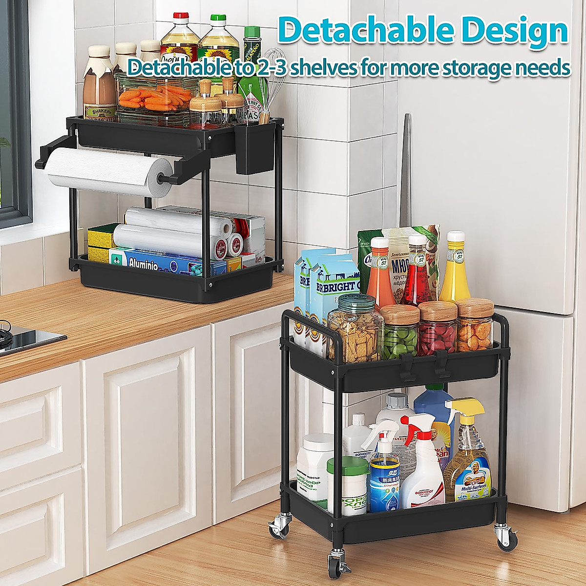 SPACEKEEPER Rolling Storage Cart, 4-Tier Bathroom Organizer Utility Cart Laundry Room Organization Mobile Shelving Unit with Towel Rack, Lockable Wheel, Hooks & Cup for Kitchen Bedroom Office, Black