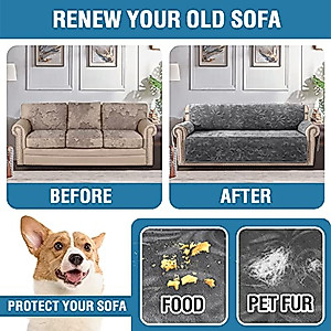 Sofa Slipcover 100% Waterproof Sofa Cover Couch Cover Premium Velvet Classic Flower Pattern Furniture Protector Non Slip with Elastic Straps for Pets Dogs Width Up to 72 Inch (Large Sofa, Grey)