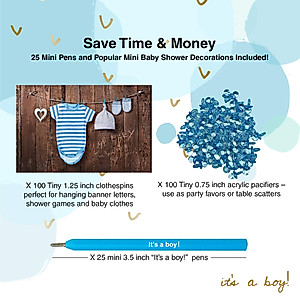 Dessie Baby Shower Games for Boys - Ultimate Boy Baby Shower Kit Includes 9 Unique Games, 25 Pens and Baby Boy Shower Decorations (100 Mini Clothespins +100 Mini Acrylic Pacifiers)