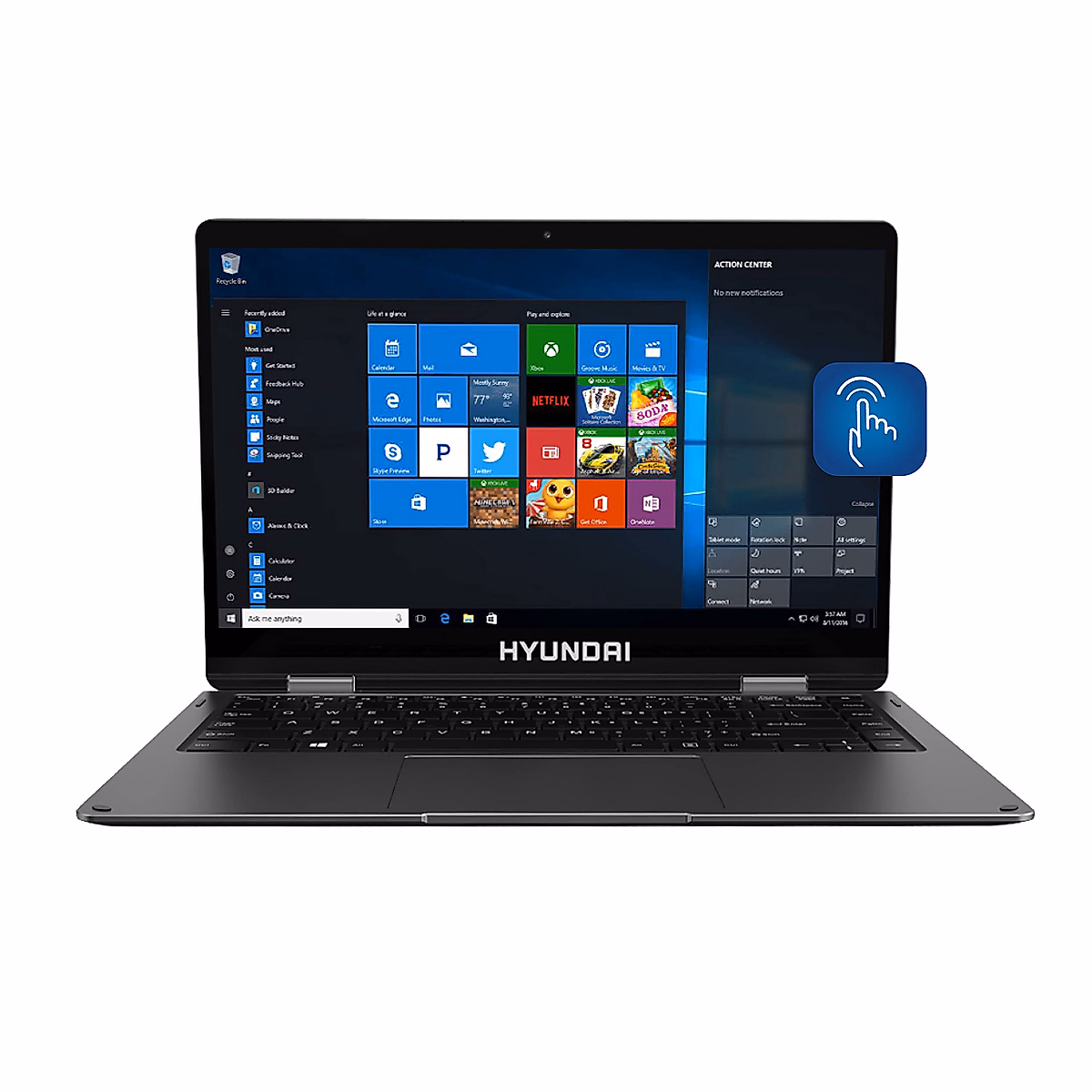 HYUNDAI HY HyFlip 13.3 inch Touch Screen Laptop, Intel Apollo Lake Celeron N3350, 4GB RAM, 64GB eMMC, Windows 10 Home S, MicroSD Slot, 13.3" 1920x1080 FHD Display, WiFi & Bluetooth Space Grey, 5000mAh