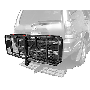 MaxxHaul 70103 500 lb. Capacity Steel Hitch Mount Folding Cargo Carrier Mesh Basket Fits 2 inch Hitch Receiver 60 x 21 x 6.5 in For Car SUV Pickup Truck Van Camping Traveling