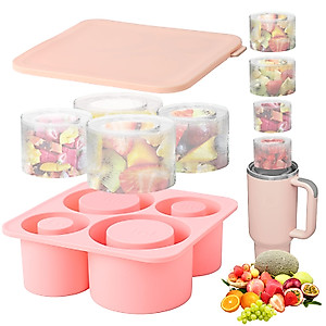 Ice Cube Tray for Stanley Cup Ice Mold 20oz 30oz 40oz Tumbler 4-Cavity Silicone Cup Ice Cube Mold Trays with Lid and Bin for Chilling Whiskey, Drinks, Coffee Easy Fill and Release Ice Maker (pink)