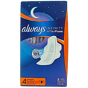 Always Infinity FlexFoam Pads for Women, Size 4, Overnight Absorbency, Unscented, 26 Count