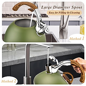suyika Stove Top Whistling Tea Kettle Food Grade Stainless Steel Teapot with Wood Pattern Handle 3 Quart Green