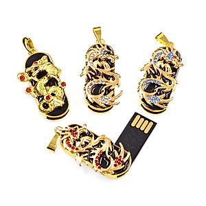 32GB USB Flash Drive Lovely Golden Dragon Thumb Drive with Crystal Pendant with Necklace USB 2.0 Memory Stick Pendrive by FEBNISCTE