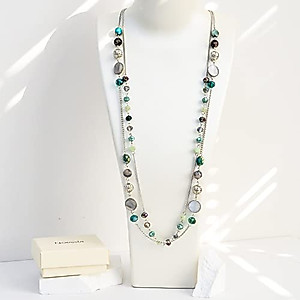 Noessla Layered Long Necklaces for Women Crystal Beaded Statement Necklace Sweater Silver Chain with Gifts Box Jewelry(Green)