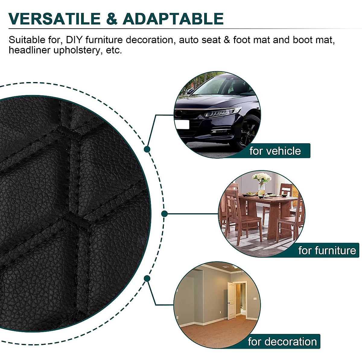 1 Yard Vinyl Faux Leather Quilted Fabric with 0.27" Foam Backed,63"Wide Leather Material for DIY Upholstery,1.9"×2.7"Diamonds Pattern,Black(Black Thread)