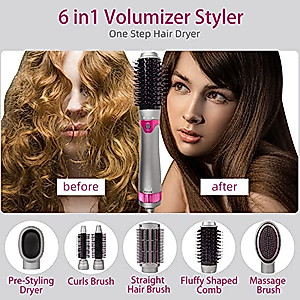 6 in 1 Hair Dryer Brush, Blow Dryer Styler with Negative Ionic Electric Hot Air, Detachable Hair Straightener & Curly Comb, Gifts for Women & Girlfriends, Gray and Pink