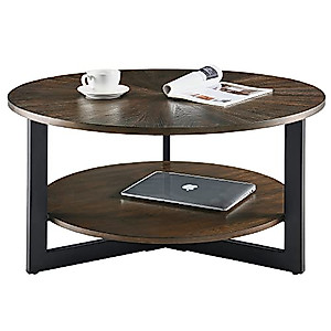 MODERION Round Coffee Table with Storage Shelf, Farmhouse Living Room Cocktail Black Metal Legs, Circular Solid Wood Center Tea Table, Sofa 35.3-''Dx17.8-''H, Natural Brown KFZ1338NC