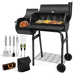 Barrel Charcoal Grill with Offset Smoker, HaSteeL Outdoor BBQ Grill Set of 15, Large Camping Grill for Patio Backyard Garden Smoking Barbecue, Grill Cover, Spatula, Tong, Brush, Fork, Carrying Bag