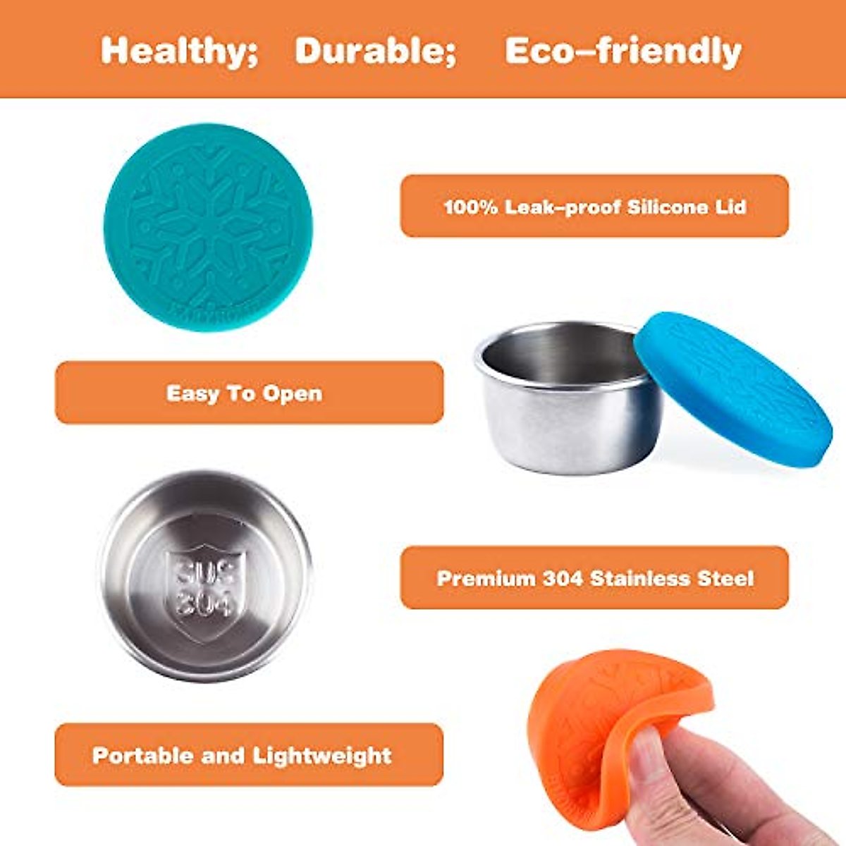 Salad Dressing Container To Go, 4x1.6oz Stainless Steel Condiment Containers with Lids, Premium Silicone, Leakproof and Reusable Small Containers with Lids