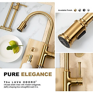 Brushed Gold Kitchen Faucet with Pull Down Sprayer, Lava Odoro Single Handle Gold Kitchen Sink Faucet, Brushed Brass Faucet for Kitchen Sink 1 Hole and 3 Hole, Deck Plate Included, KF421-SG