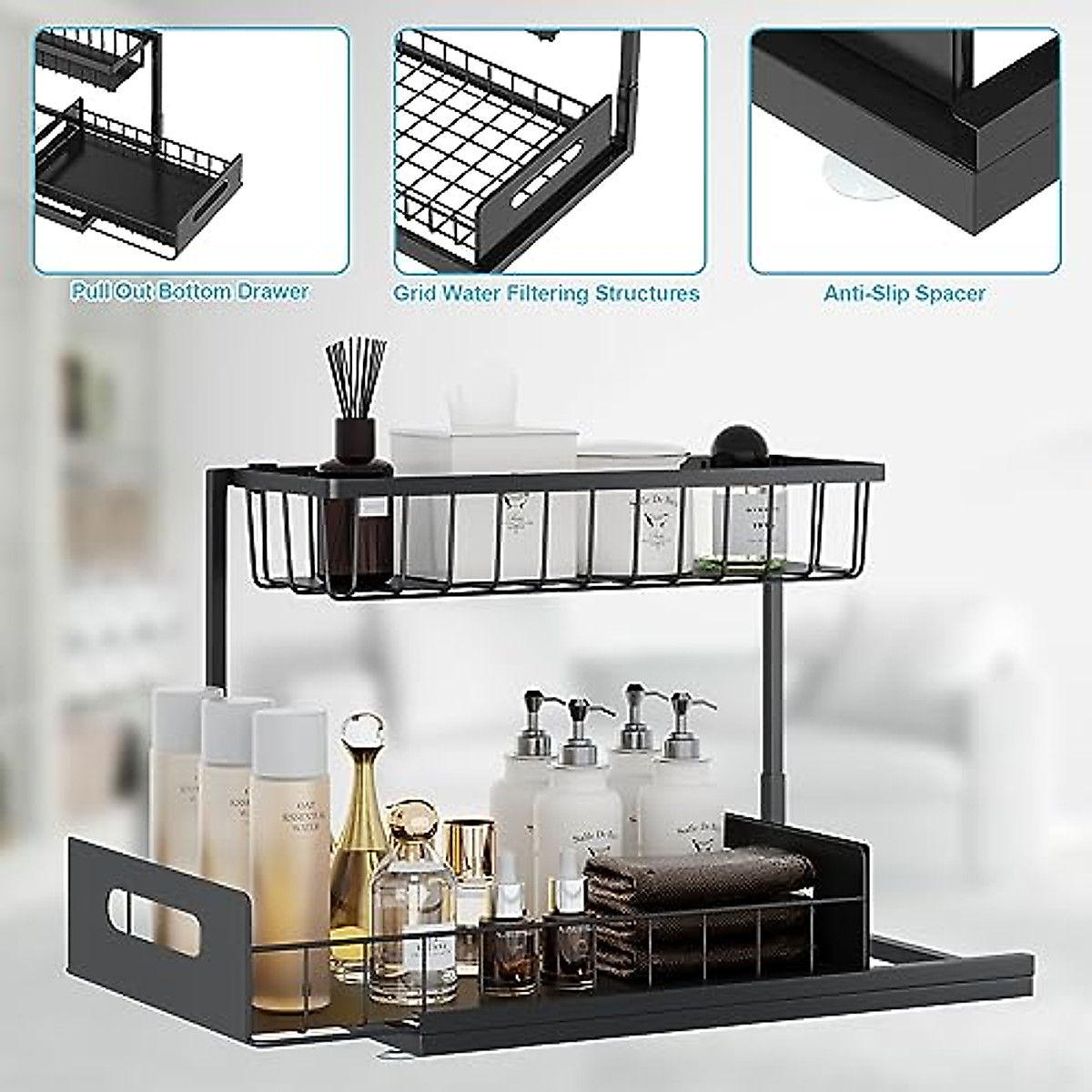 EastShark Fully Metal Under Sink Organizers and Storage with Sliding Drawer Bottom, 2 Tier L Shaped Sturdy & Heavy-Duty Kitchen Bathroom Cabinets Shelves, Pull Out Cabinet Organizer