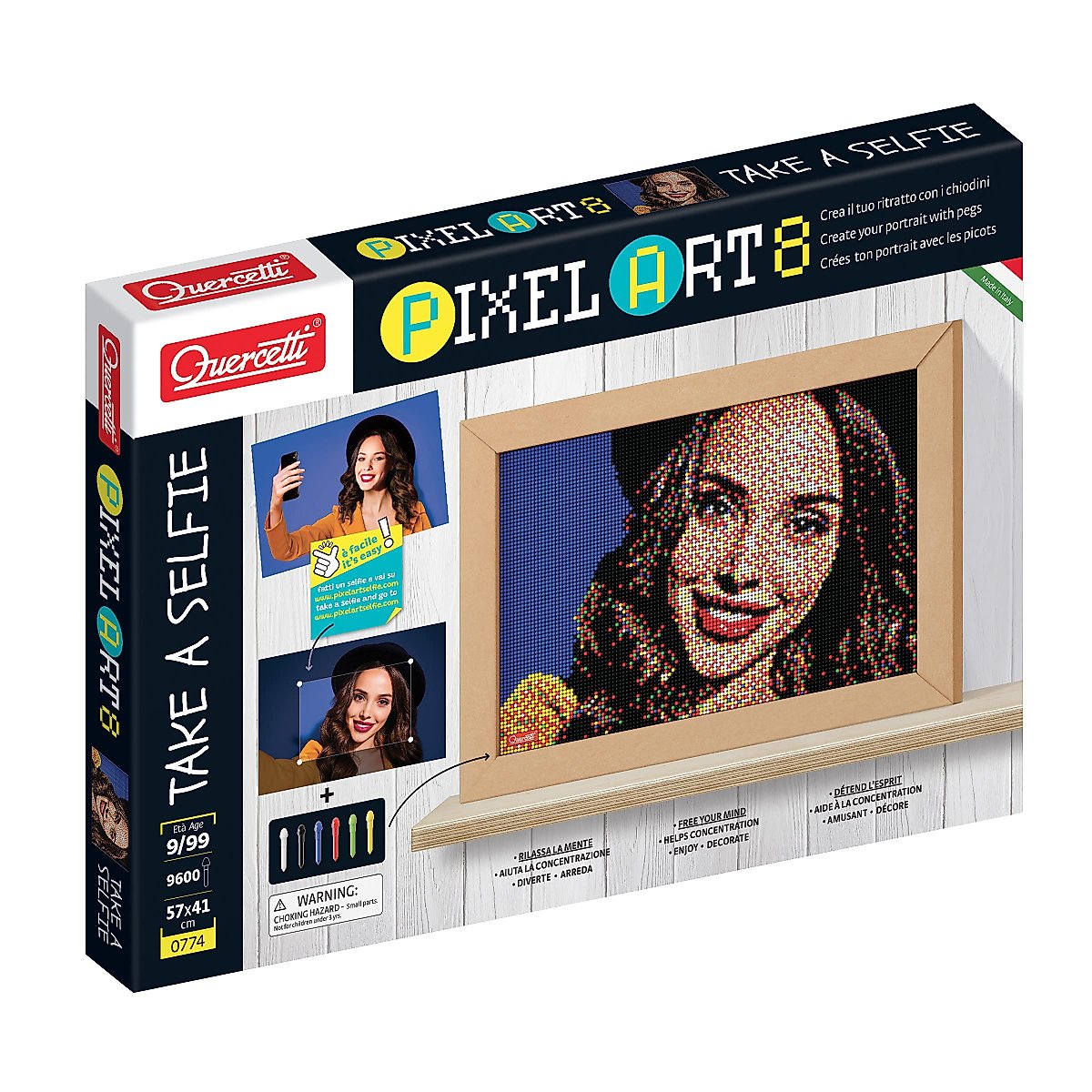 Quercetti Pixel Art 8 Take a Selfie Mosaic Kit - Turn Any Photo into Mosaic Art with 9600 Pegs in 6 Colors and 8 Pegboards, with Frame for Hanging and Display, Ages 9 Years and Up