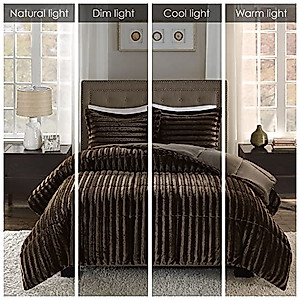 Madison Park Duke Luxe Faux Fur Reversible Comforter Set, Soft Plush Reverse, Modern Down Alternative Filling Cozy Bedding, Box Quilted Warm Cover, Matching Shams, Full/Queen, Chocolate 3 Piece