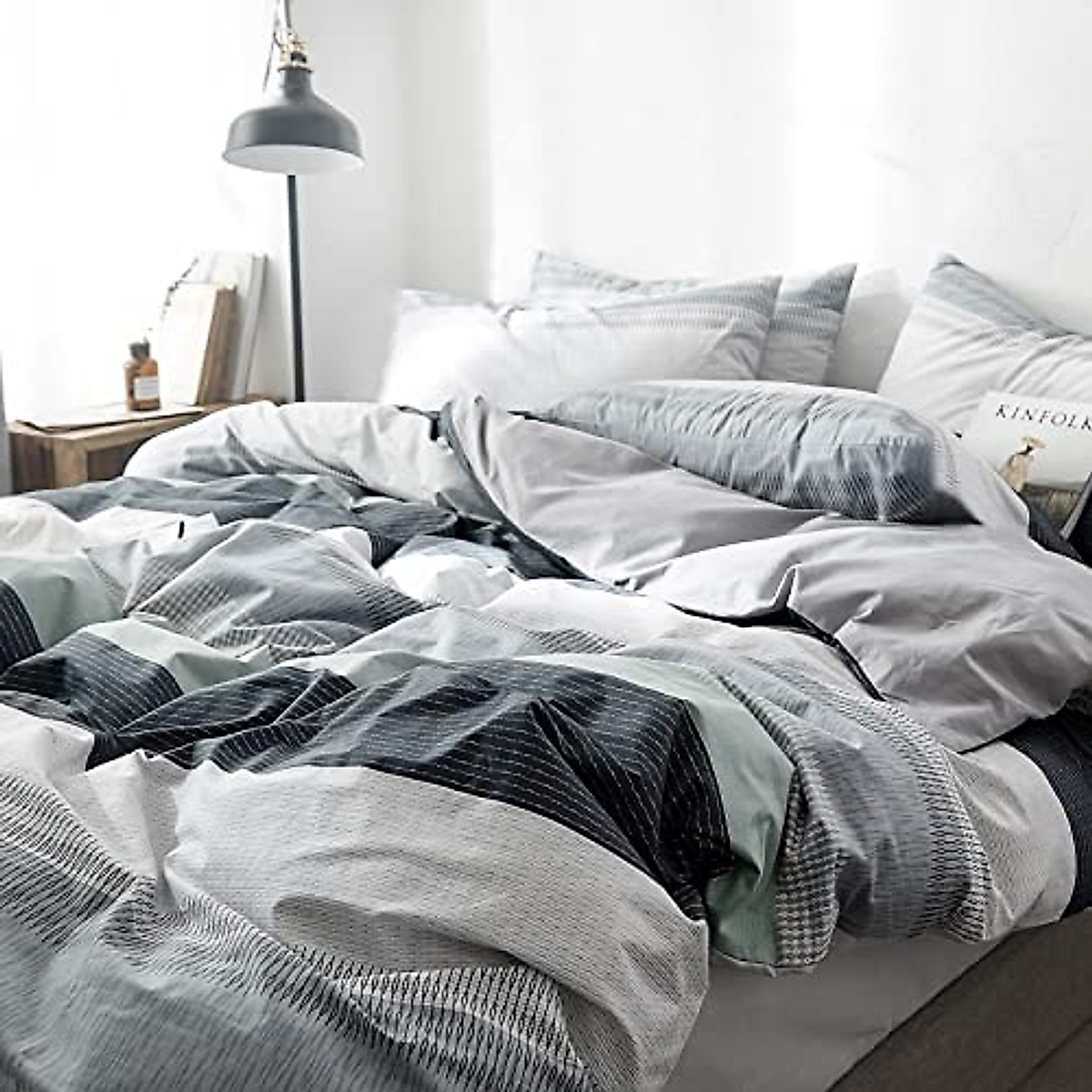 VClife Cotton Twin Duvet Cover White Grey Blue Stripe Comforter Quilt & Pillow Protector Cover Sets Simple Style Geometry Bedding Sets, 1 Twin Size Duvet Cover 68" x 86" & 2 Pillow Shams 20" x26"