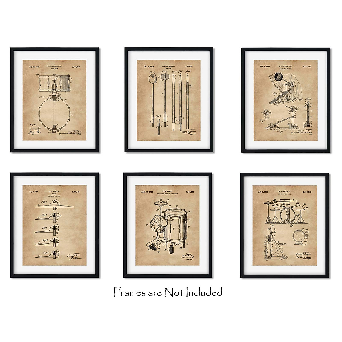 Drummer Gifts for Men - Music Wall Decor - Set of 6 (8x10) Unframed Drum Patent Wall Art Prints - Music Room Studio Decorations - Percussionists Teachers Musicians