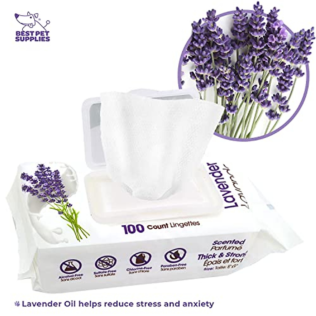 Best Pet Supplies 8" x 9" Pet Grooming Wipes for Dogs & Cats, 100 Pack, Plant-Based Deodorizer for Coats & Dry, Itchy, or Sensitive Skin, Clean Ears, Paws, & Butt - Calming Lavender