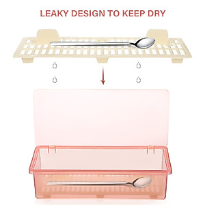 DOITOOL Spoon Organizer 2 Pcs Flatware Tray with Lid and Drainer- Black and Pink Transparent Plastic Silverware Holder- proof Silverware Tray for Drawer for Home Kitchen Accessories