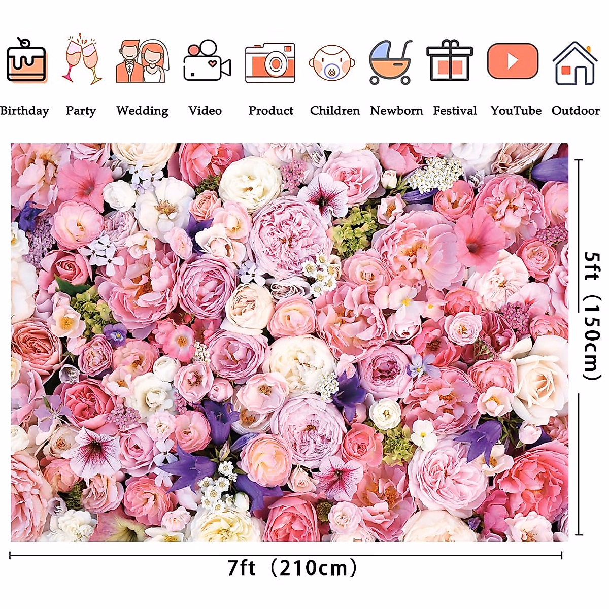 Pink Floral Photography Backdrop Mother's Day Decoration 7x5FT Flower Wall Photo Background for Girls Bridal Wedding Baby Shower Birthday Party Cake Tables Decoration Studio Props
