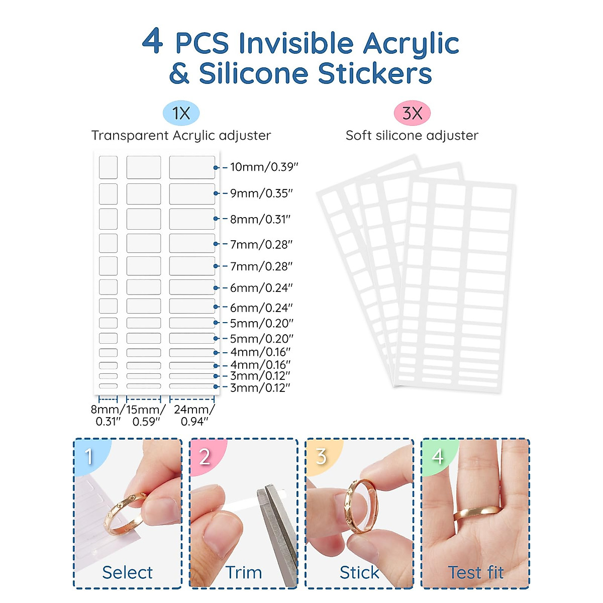 Ring Sizer Adjuster for Loose Rings, 187 Piece Ring Size Adjuster Set, w/16 Plug-in Invisible Ring Adjuster, 12 Spiral Silicone Tightener Set,Fit Any Rings,156 EVA Stickers w/Ring Size Measuring Tool